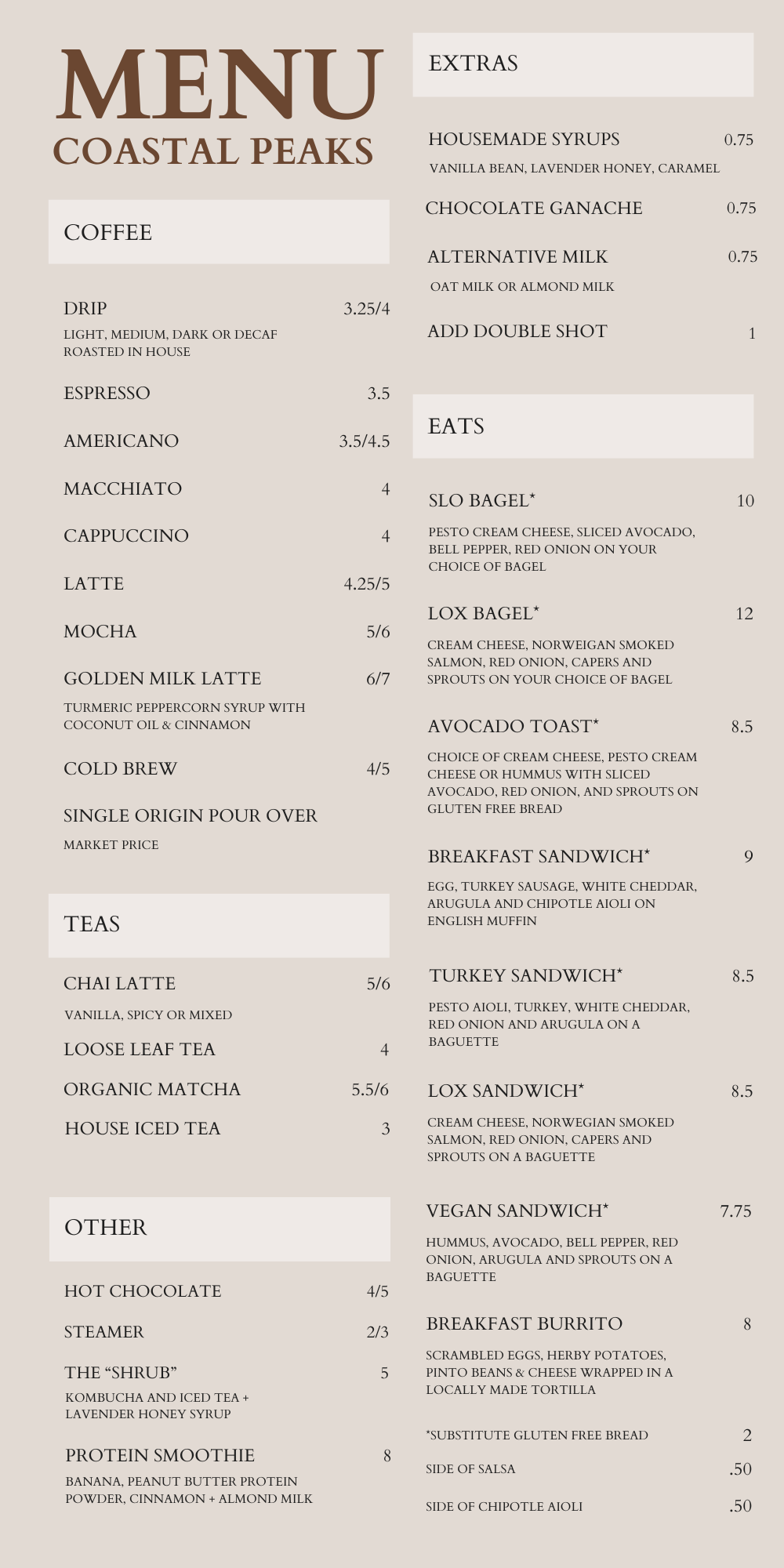 Menu | Coastal Peaks Coffee